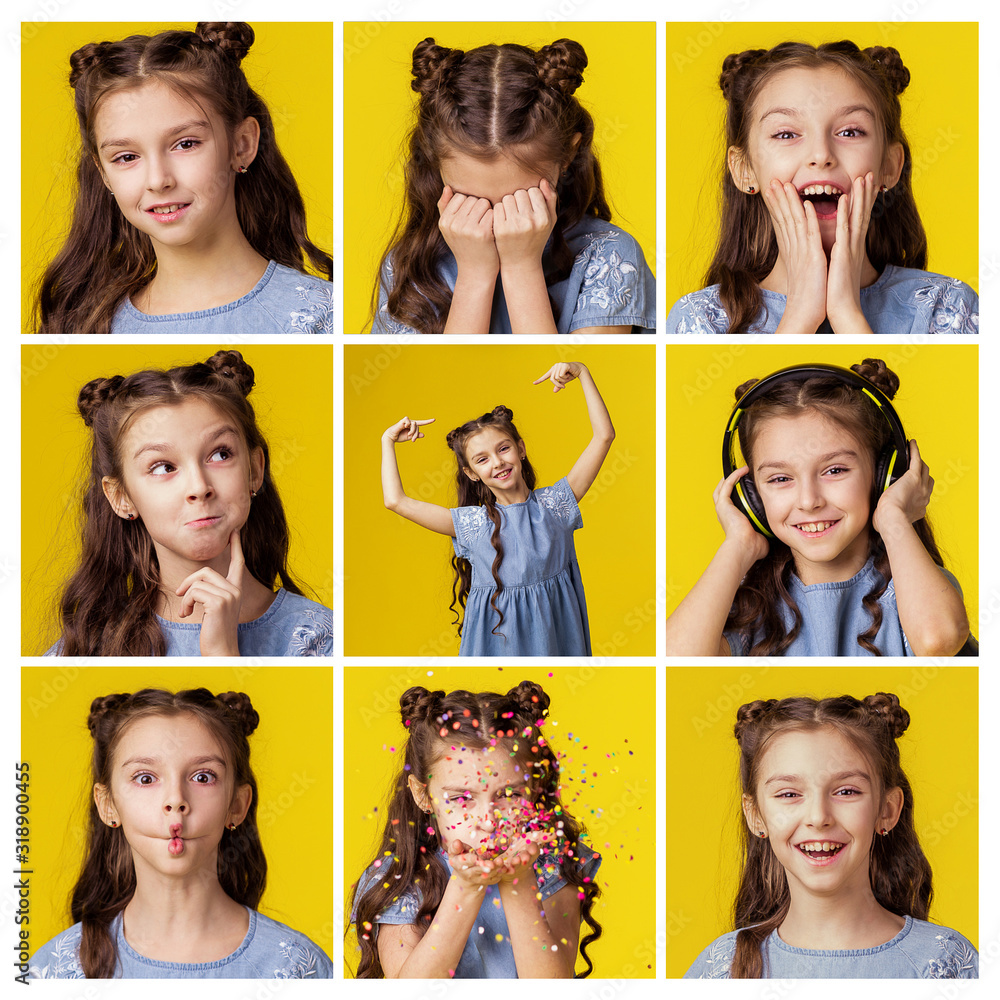 Collage of 9 photos of different emotions of a baby girl. Schoolgirl ...