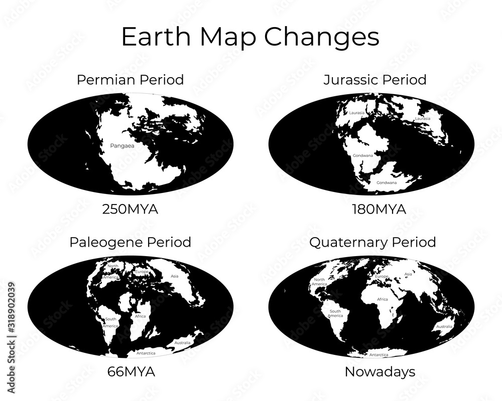 Monochrome vector illustration of Worldmap with names of continents ...