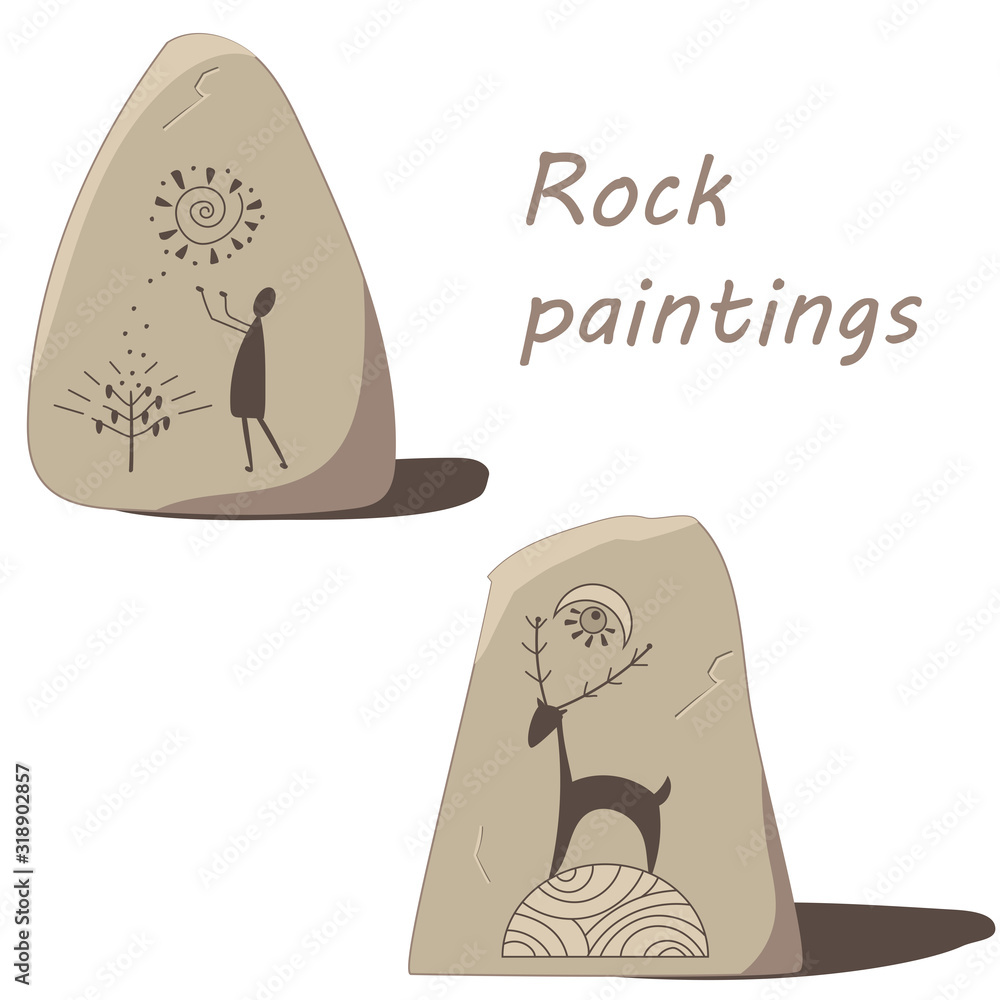 Set of rock painting isolated on white background. Cave drawings with ...