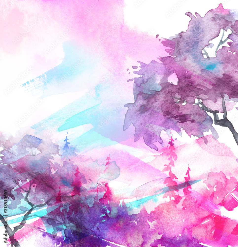 Watercolor landscape. pink trees, bushes,spruce, pine, cedar.Watercolor ...