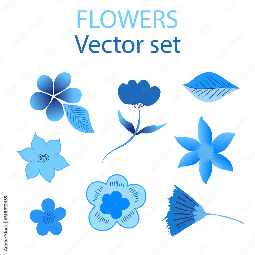 Vector set of blue fantastic flowers in simple flat style isolated on ...