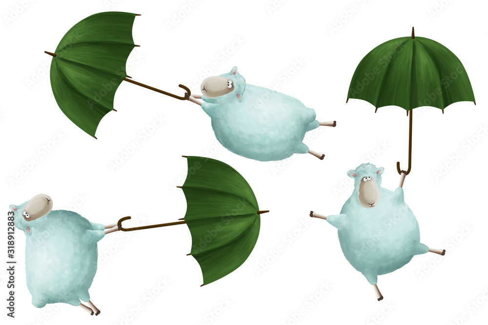 Funny cartoon sheep with green umbrella. Comic isolated illustrations ...
