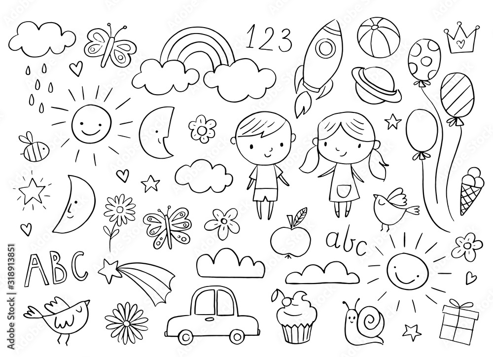 Vector hand-drawn kids doodle set. Drawings for children on white ...