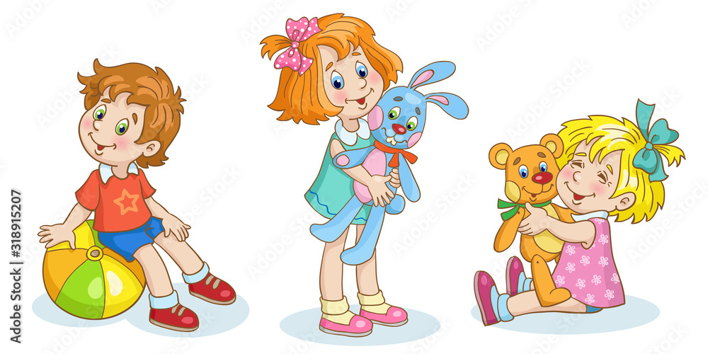 Kids are playing. A little boy and two cute girls with their favorite ...