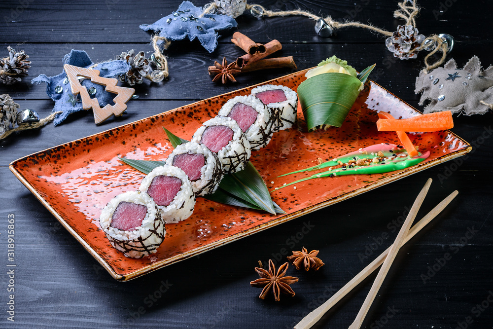 Christmas sushi with tuna winter menu at a Japanese restaurant Stock ...