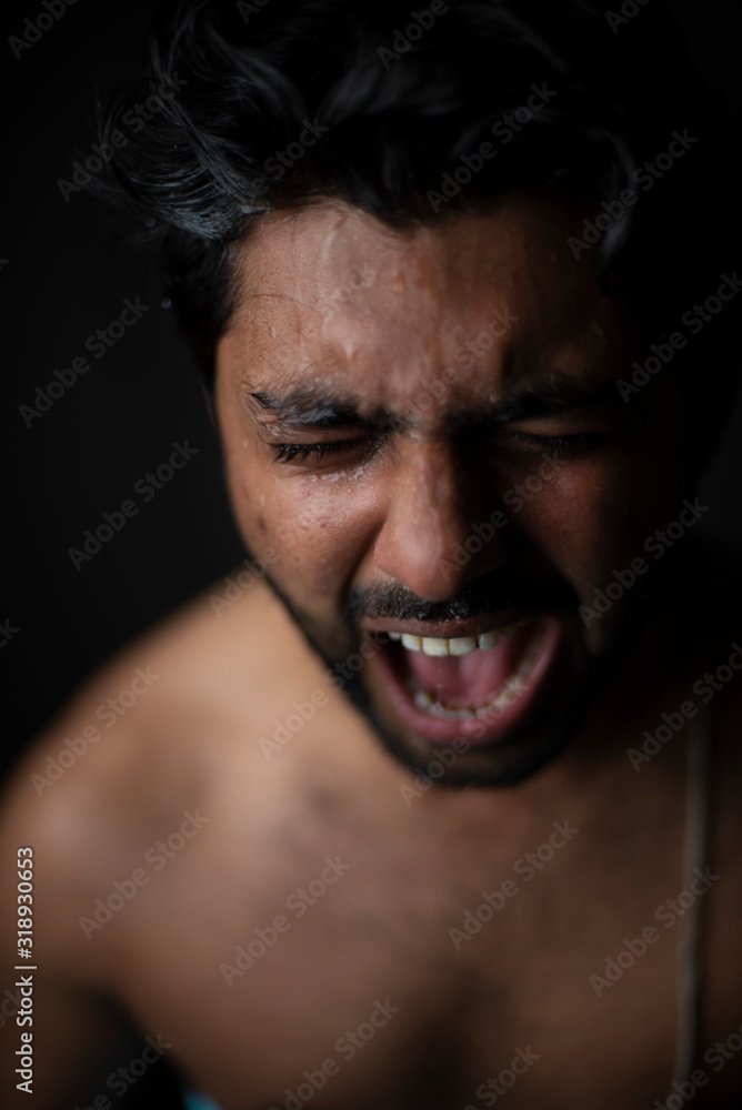 Portrait of young and handsome Indian Bengali brunette man in bare body ...