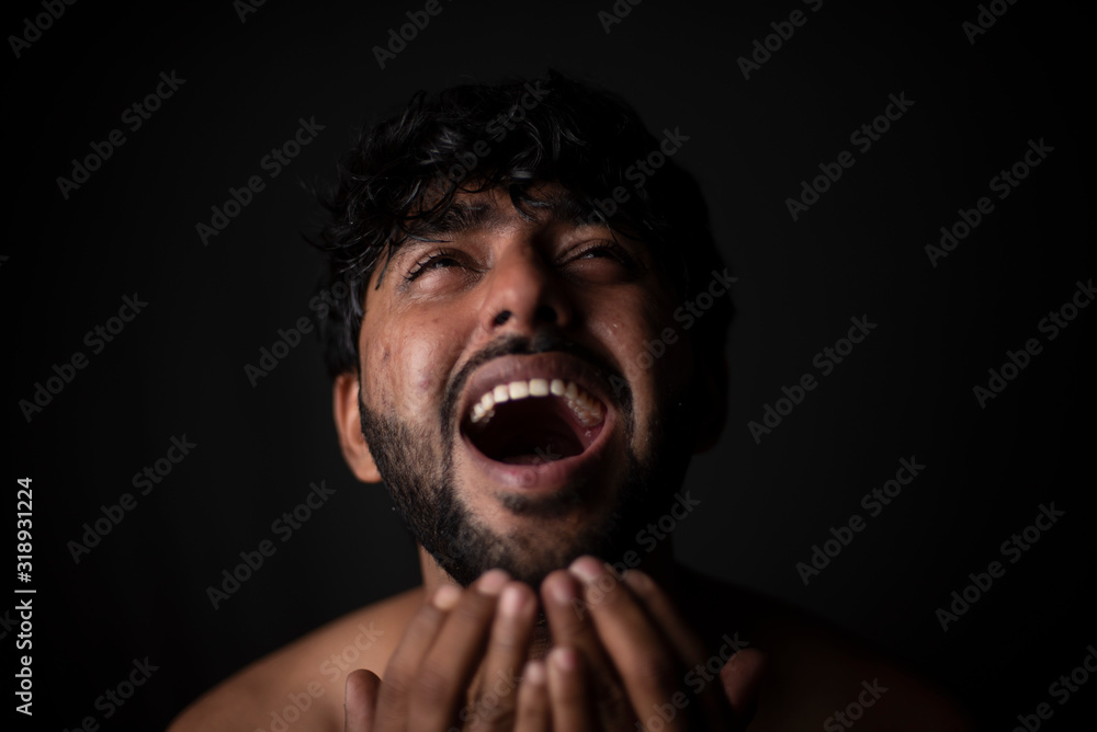 Portrait of young and handsome Indian Bengali brunette man in bare body ...