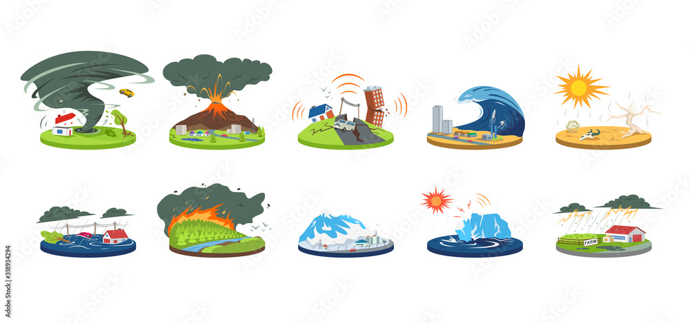 Vektorová grafika „Natural disasters cartoon vector illustration set ...