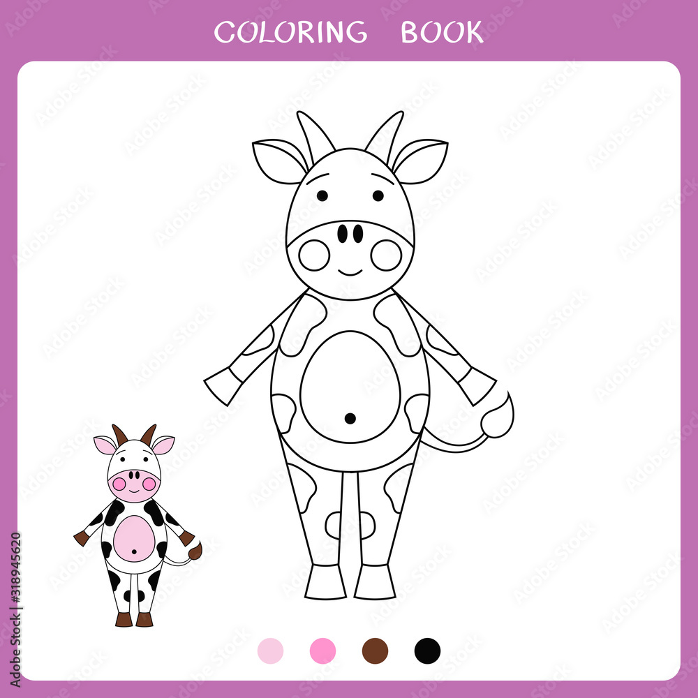 Simple educational game for kids. Illustration of cow for coloring book ...