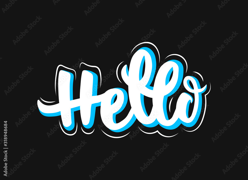 Hello white and blue outlined lettering text on black background ...