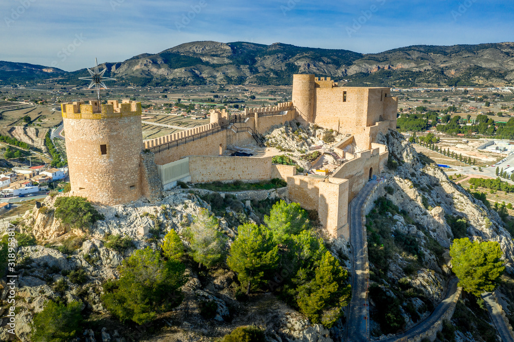 Aerial view of Castalla castle in Valencia province Spain with donjon ...