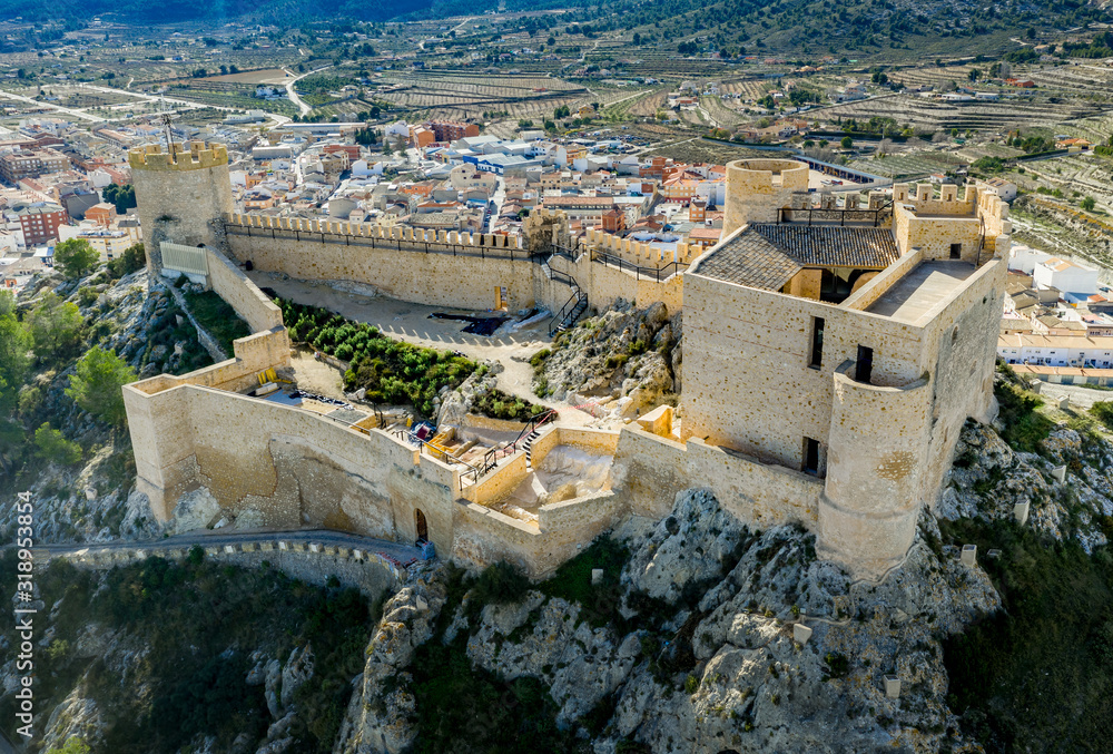 Aerial view of Castalla castle in Valencia province Spain with donjon ...
