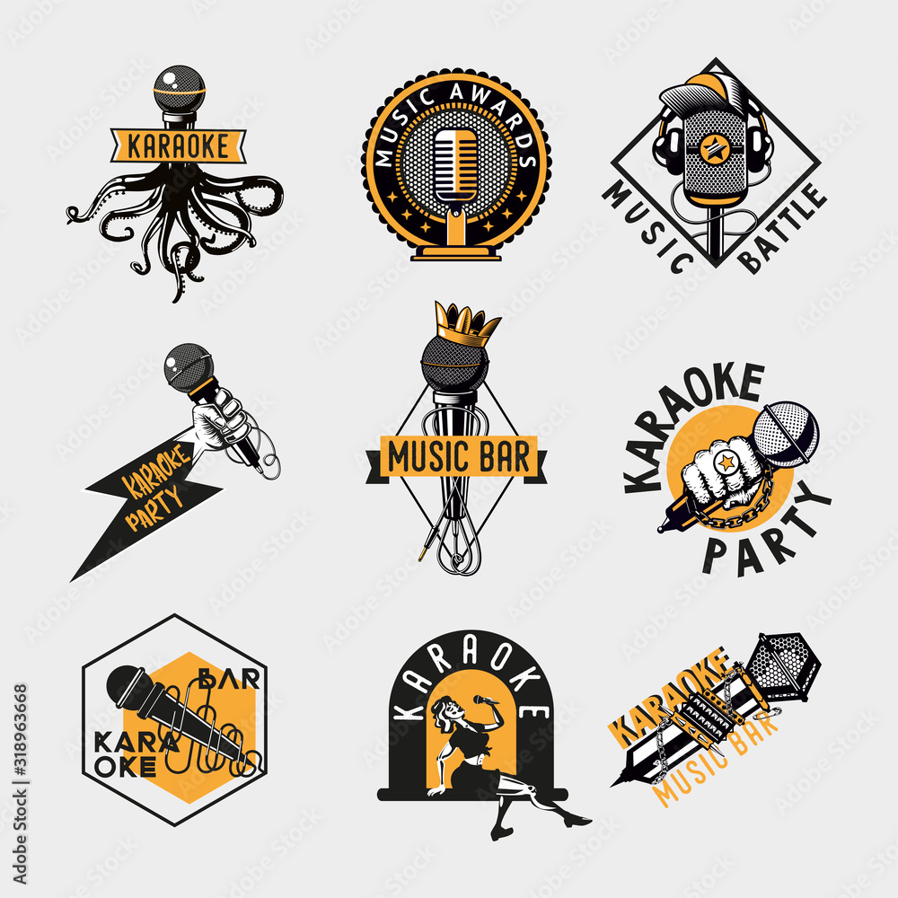 Vintage label set with mic. Old microphones vector icons. Retro style ...