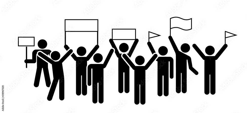 Political rally. Group of people. Demonstrators holding protest slogans ...