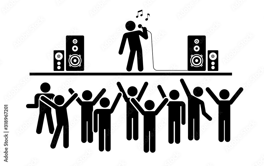 Pictogram vector illustration of music live stage show. Crowd of people ...