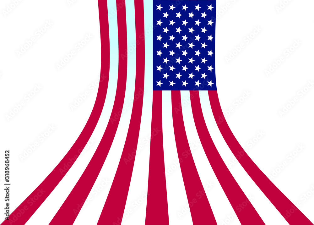 A star-striped US flag hanging vertically expanding below and forming a ...