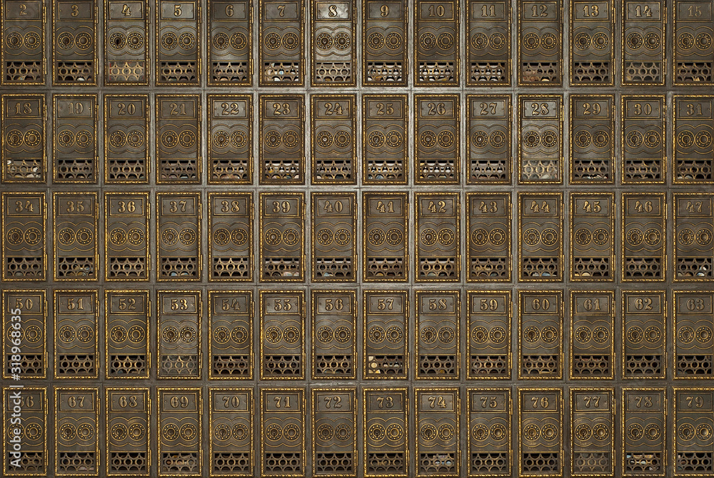 Antique mailboxes. Copper mailboxes in the post office. Stock Photo ...