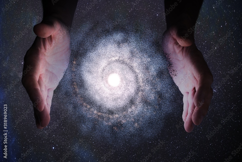 Creationism concept. Hands of God are creating Galaxy in universe ...
