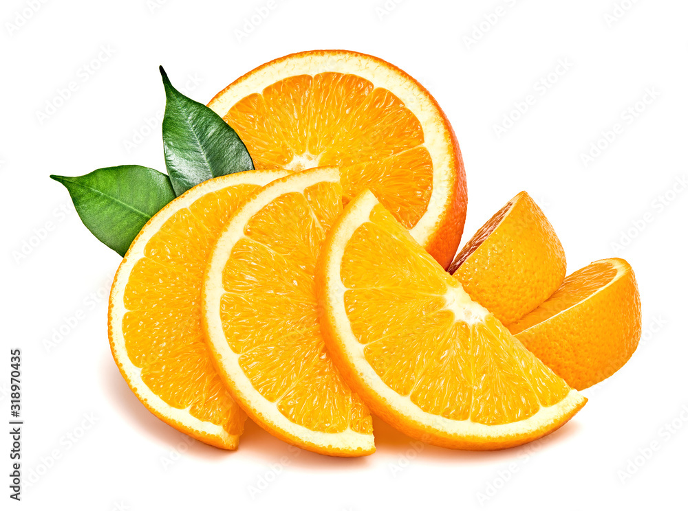 Orange fruit, slices, leaves isolated on white. Juicy healthy vitamin C ...