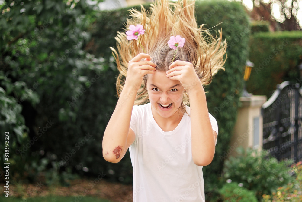 Evil wild teenager girl. Crazy preteen child with evil face and wound ...