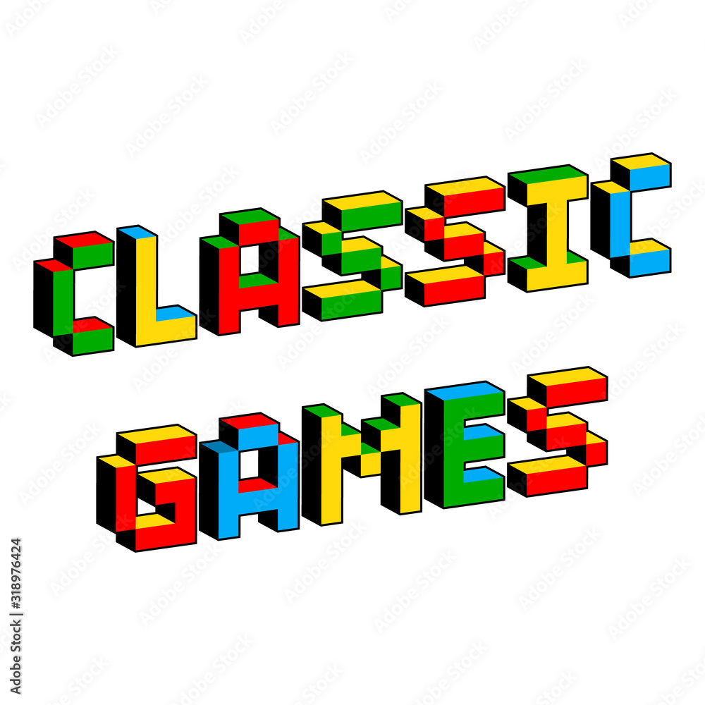 Classic games text in style of old 8-bit video games. Vibrant colorful ...