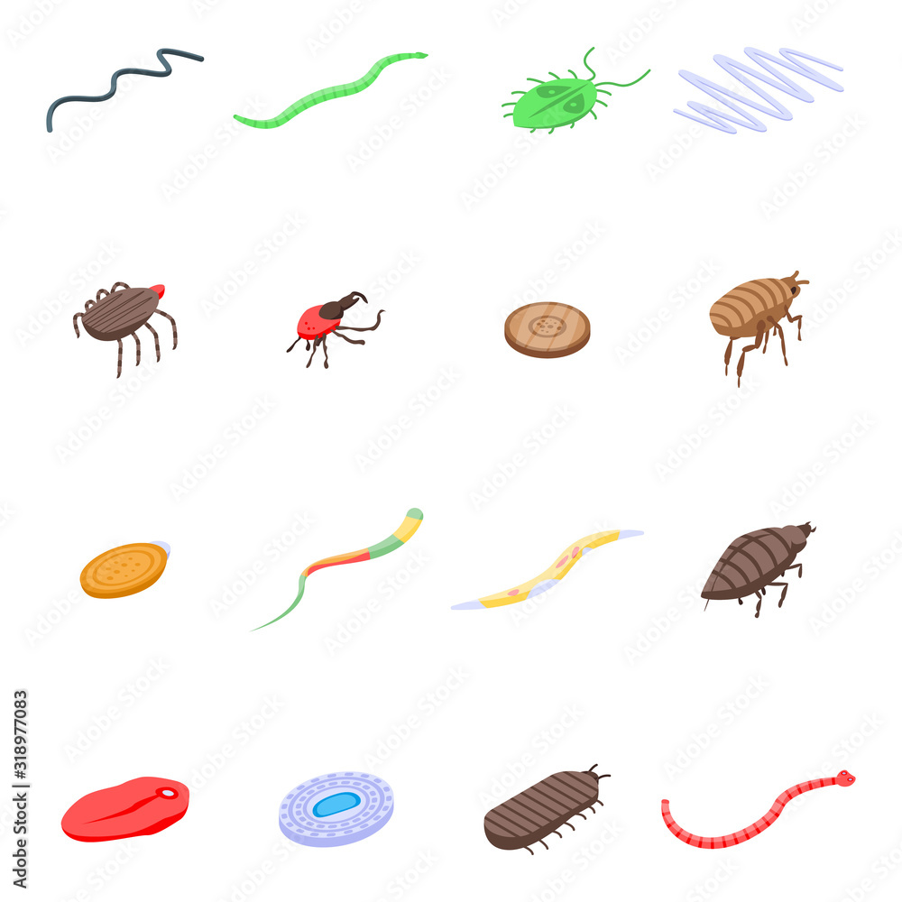 Parasite icons set. Isometric set of parasite vector icons for web ...