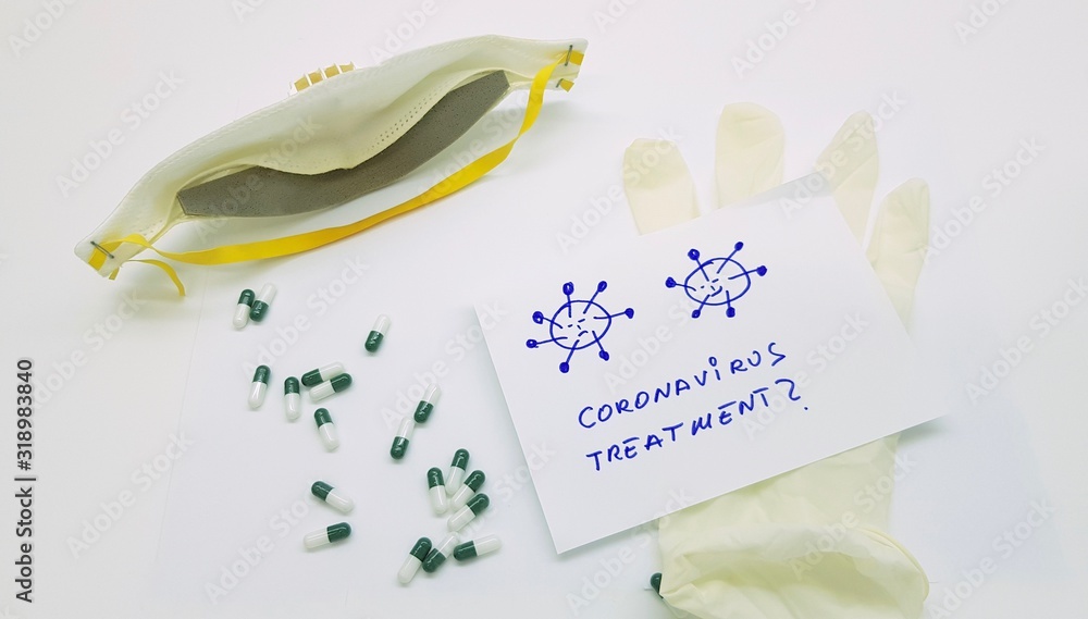Medication capsules, aseptic glove and aseptic mask with a question ...