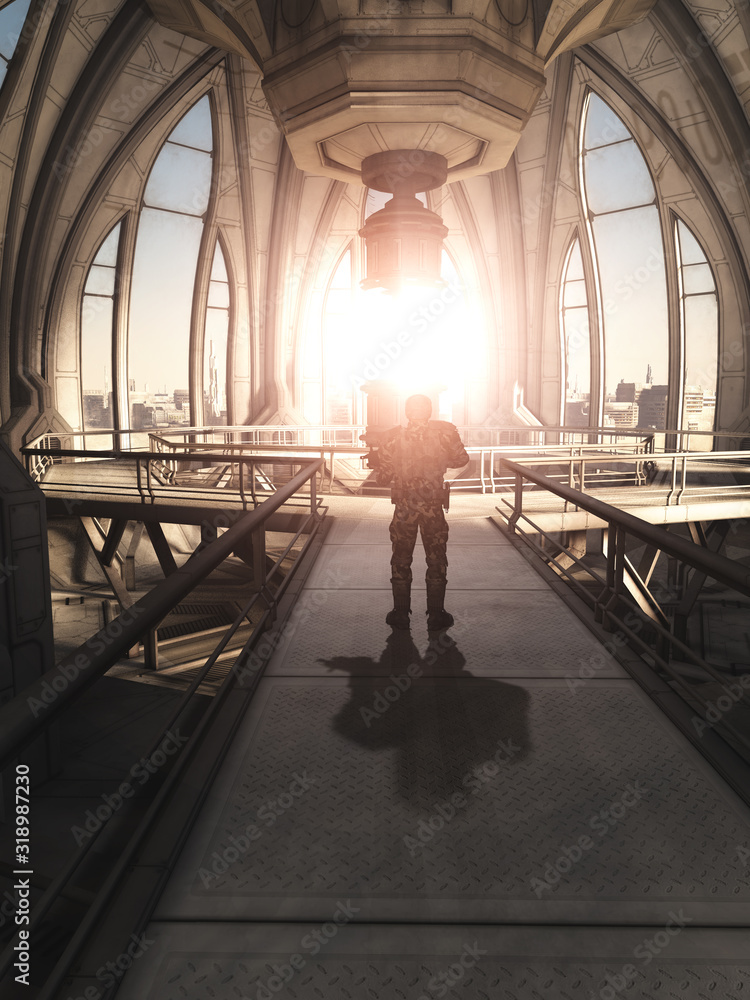 Science fiction illustration of a soldier standing guard inside a new ...