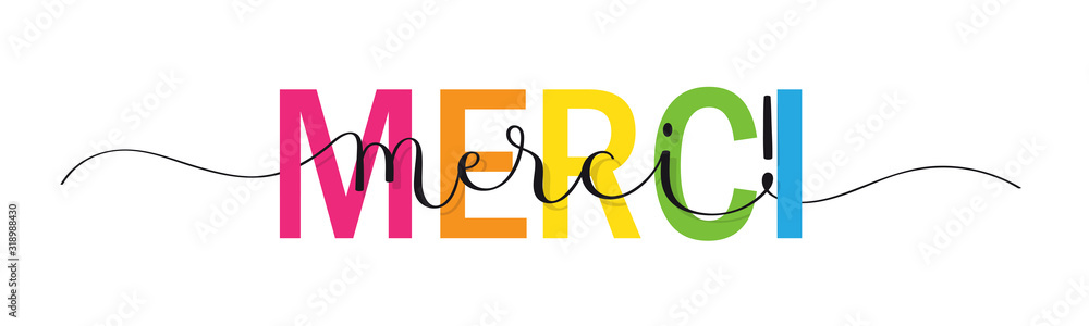 MERCI! vector rainbow-colored mixed typography banner with brush ...