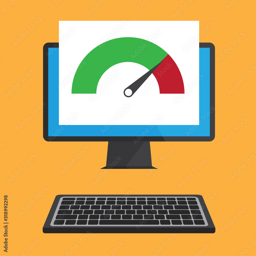 Flat design of computer with speed test on a screen. Isolated vector ...