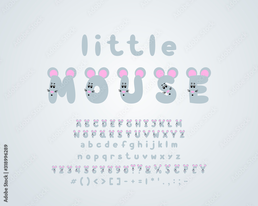 Little mouse, gray color. Cartoon vector alphabet. Uppercase letters ...
