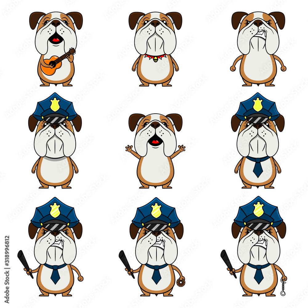 Set Of Funny Little Bulldog with facial expressions wearing policeman ...