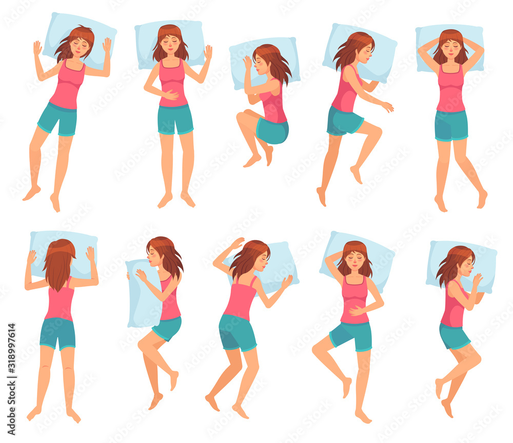 Woman sleeps in different poses. Healthy night sleep, sleeping pose and ...