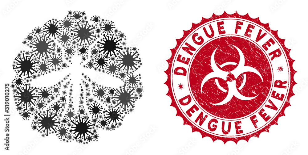 Coronavirus mosaic dengue fever virus icon and round distressed stamp ...