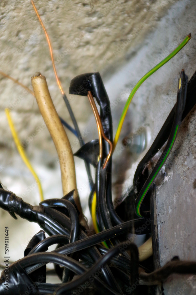 dangerous electrical power installations wires. hazard cables coming ...
