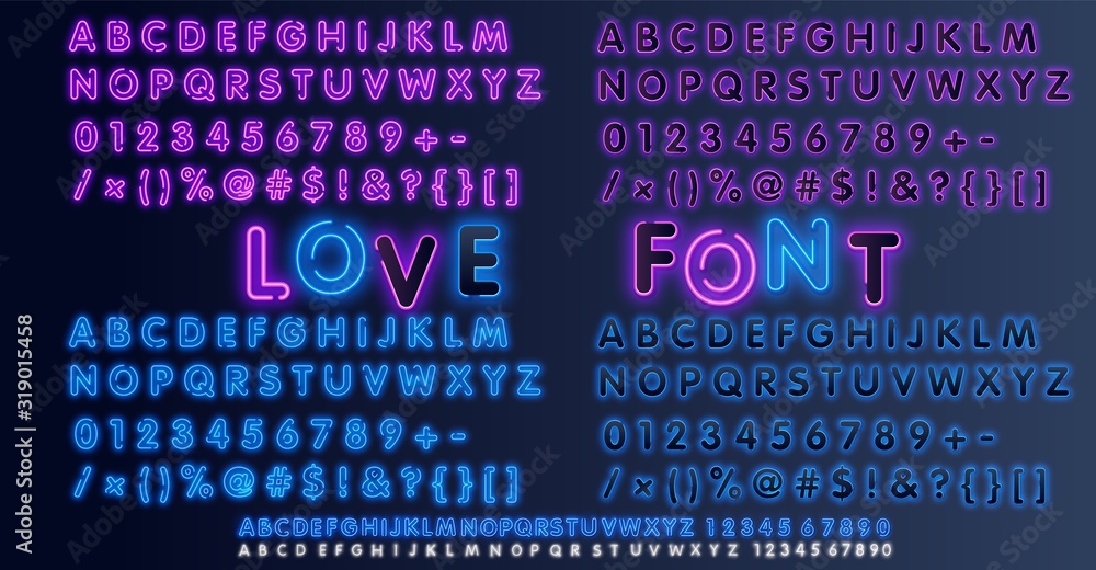 Pink and Blue Neon Light Alphabet Vector Font. Type letters, numbers ...