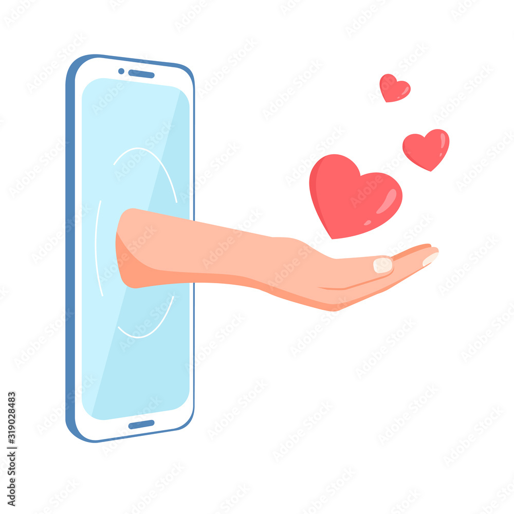 Hand giving heart from smartphone, love at a distance. Vector ...