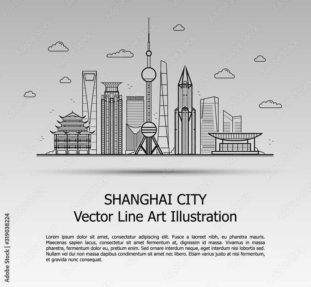 Line Art Vector Illustration of Modern Shanghai City with Skyscrapers ...