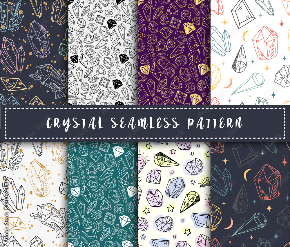 Crystal seamless pattern - colorful rainbow crystals or gems on white ...
