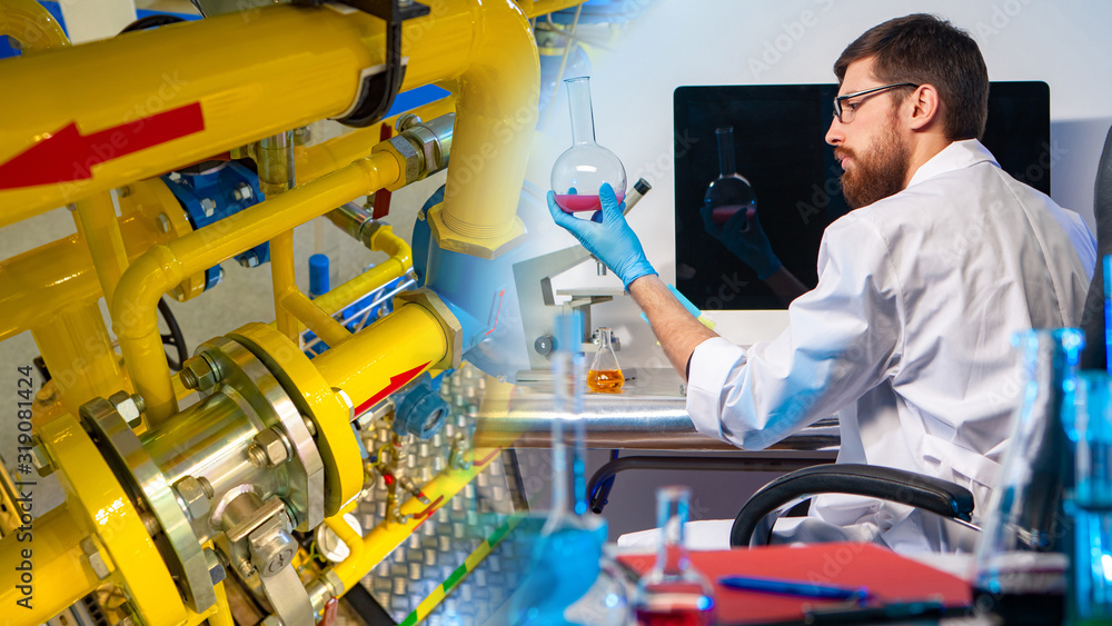 Fuel station laboratory. The chemist checks the quality of the supplied ...