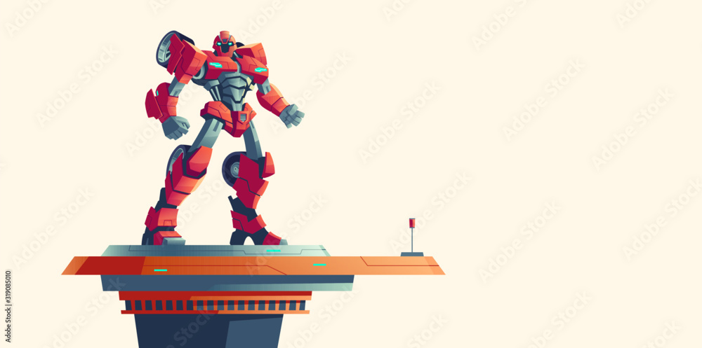 Red robot transformer standing on spaceship top isolated background ...