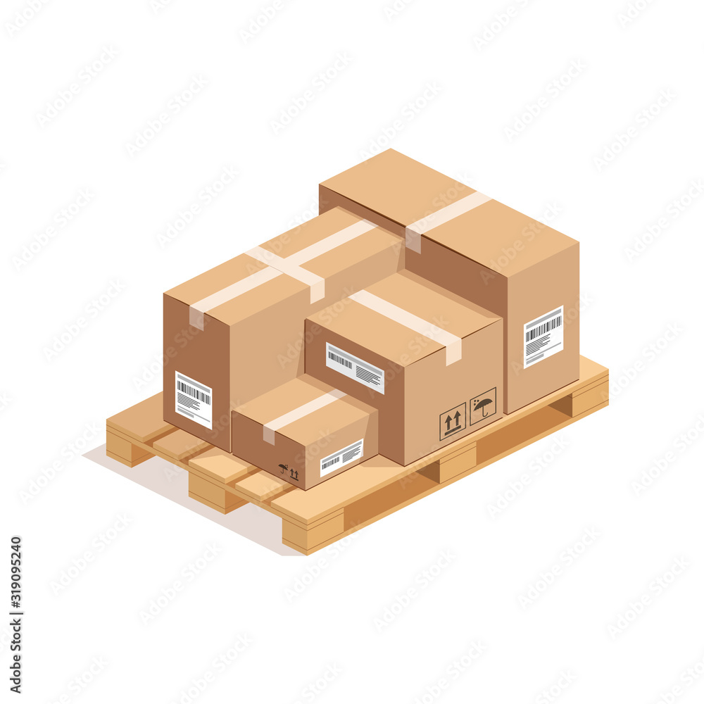 Isometric wooden pallet with pile of cardboard boxes isolated on whte ...