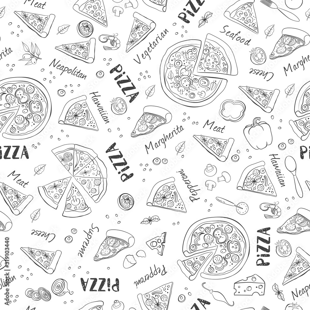 Pizza seamless pattern. Useful for restaurant identity, packaging, menu ...