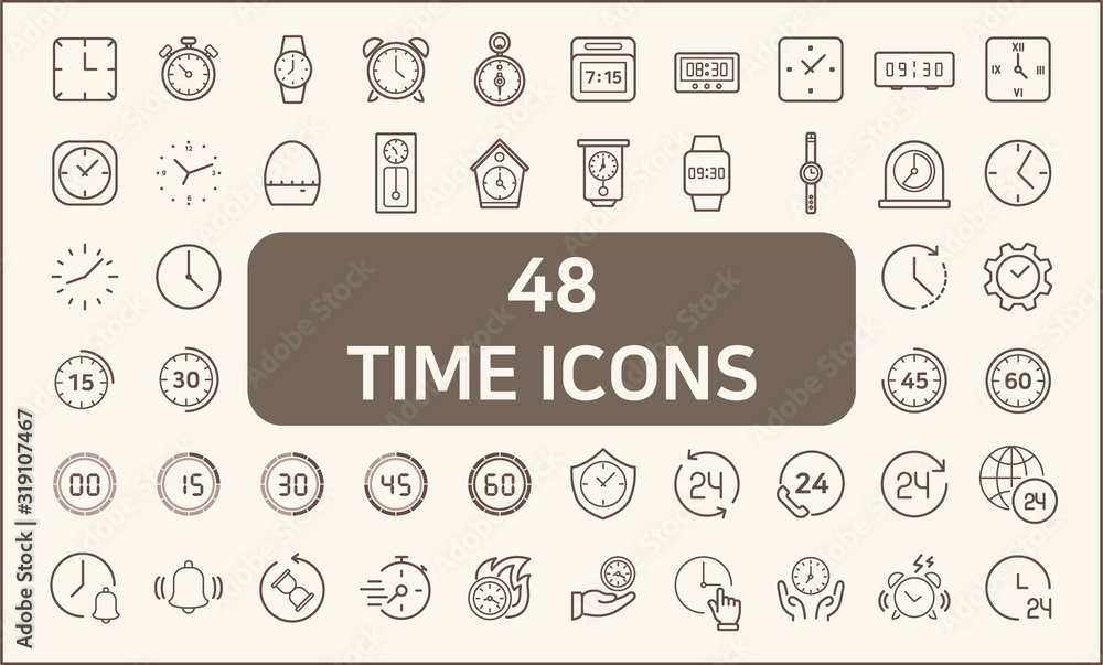Set of 48 time and clock Icons line style. Contains such Icons as ...