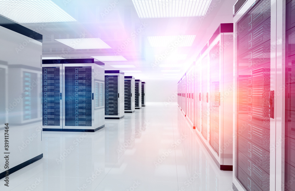 Servers data center room with bright speed light through the corridor ...