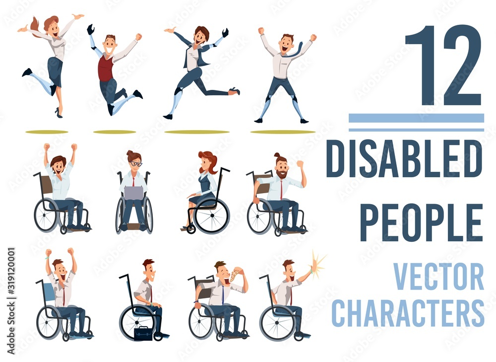 Disabled People Trendy Flat Vector Characters Set Isolated on White ...