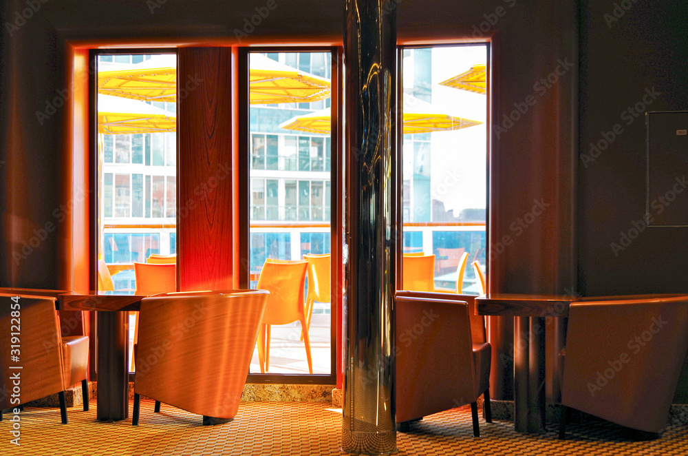 Elegant interior design furnishing bar lounge area onboard ocean liner ...