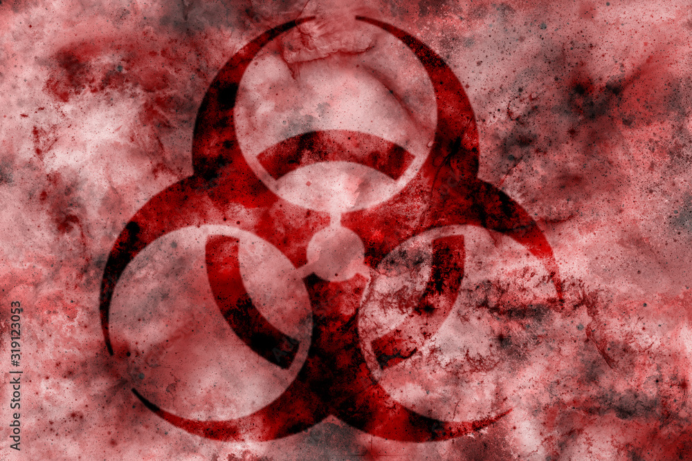 Biohazard symbol on bloody background. Video title screen, podcast or ...