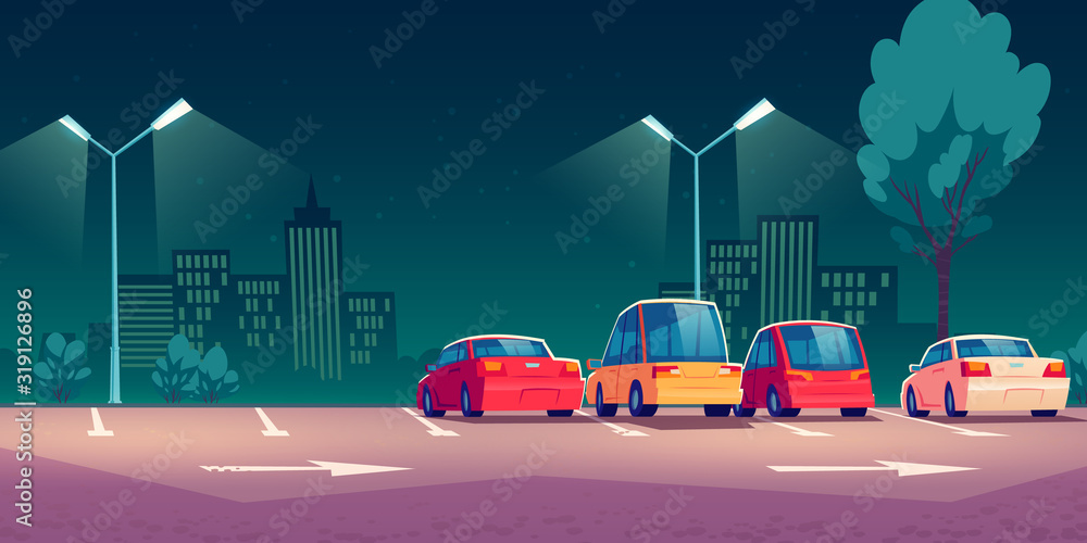 Cars on city parking with street lights at night. Vector cartoon ...