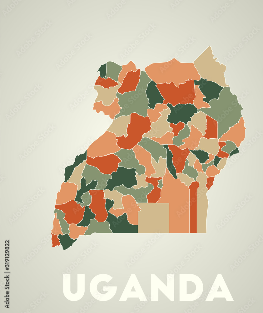 Uganda poster in retro style. Map of the country with regions in autumn ...